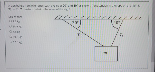 Solved A sign hangs from two ropes, with angles of 20 and | Chegg.com