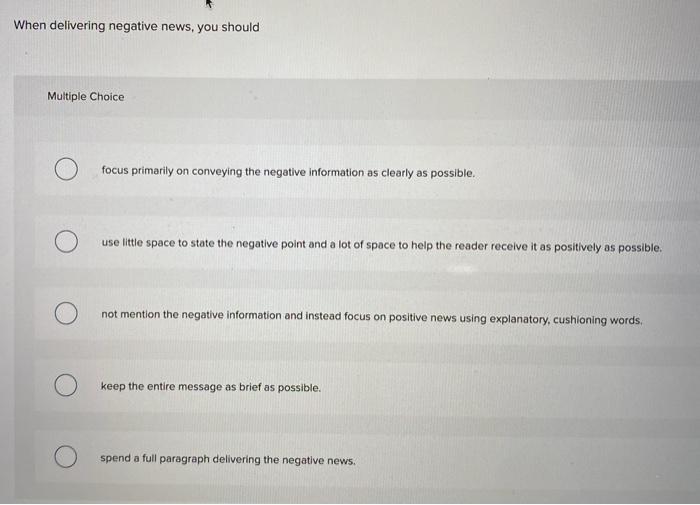 Solved When delivering negative news, you should Multiple | Chegg.com