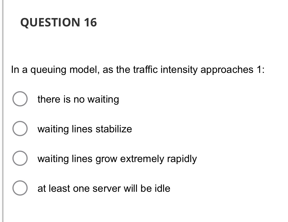 Solved QUESTION 16In a queuing model, as the traffic | Chegg.com