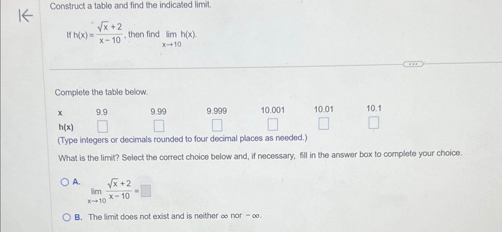 Solved Construct a table and find the indicated limit.If | Chegg.com