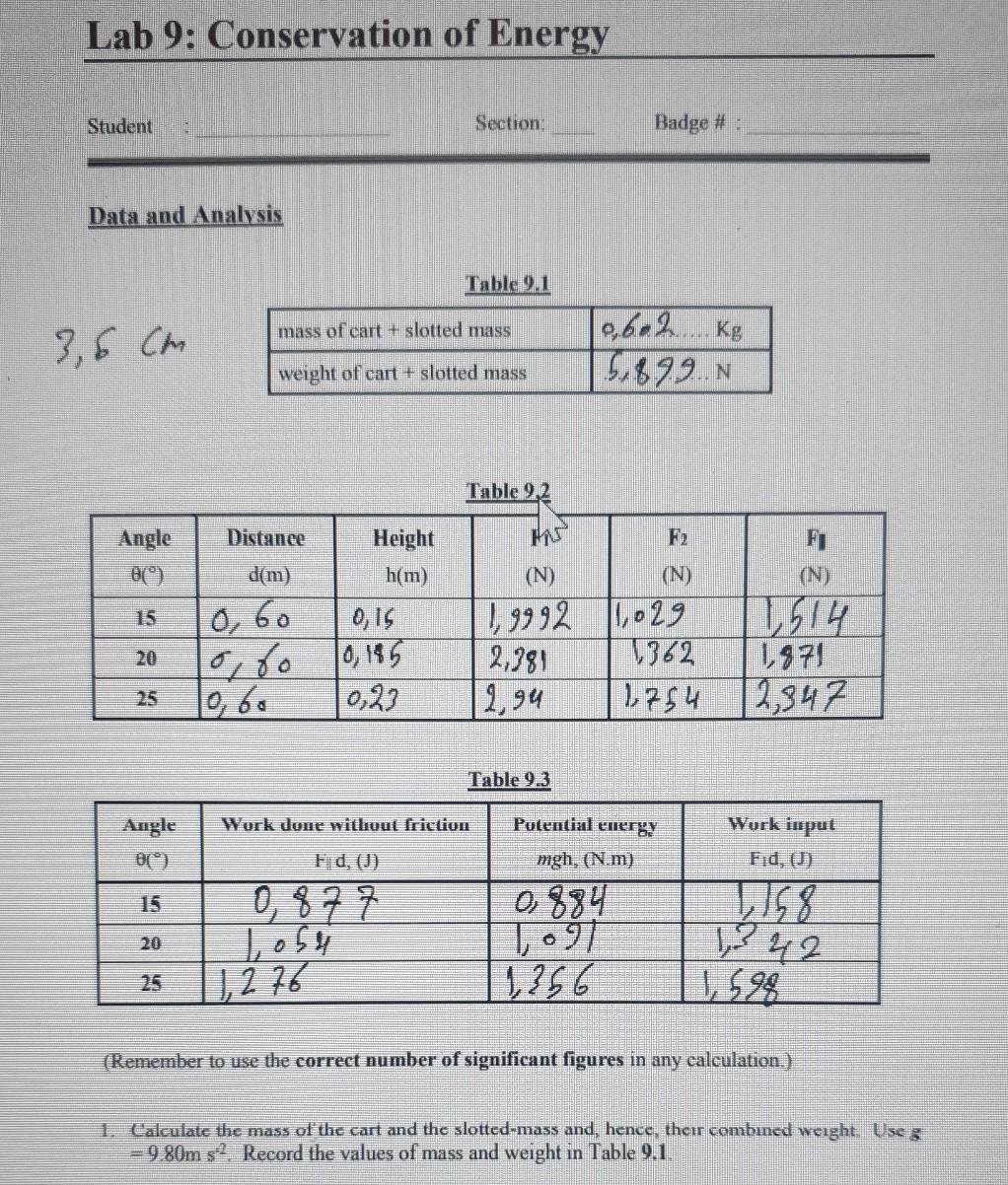Solved Lab 9: Conservation of Energy Student Section Badge # | Chegg.com
