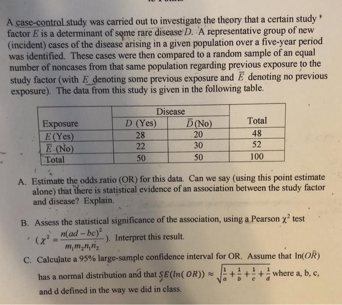 Solved A case-control study was carried out to investigate | Chegg.com