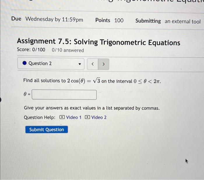 Solved Assignment 75 Solving Trigonometric Equations 2960