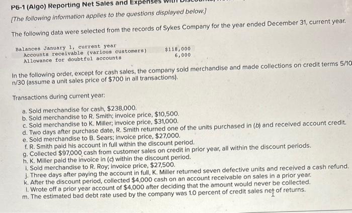 Solved P6-1 (Algo) Reporting Net Sales applies to the | Chegg.com
