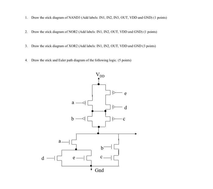 Solved 1. Draw the stick diagram of NAND3 (Add labels: INI, | Chegg.com
