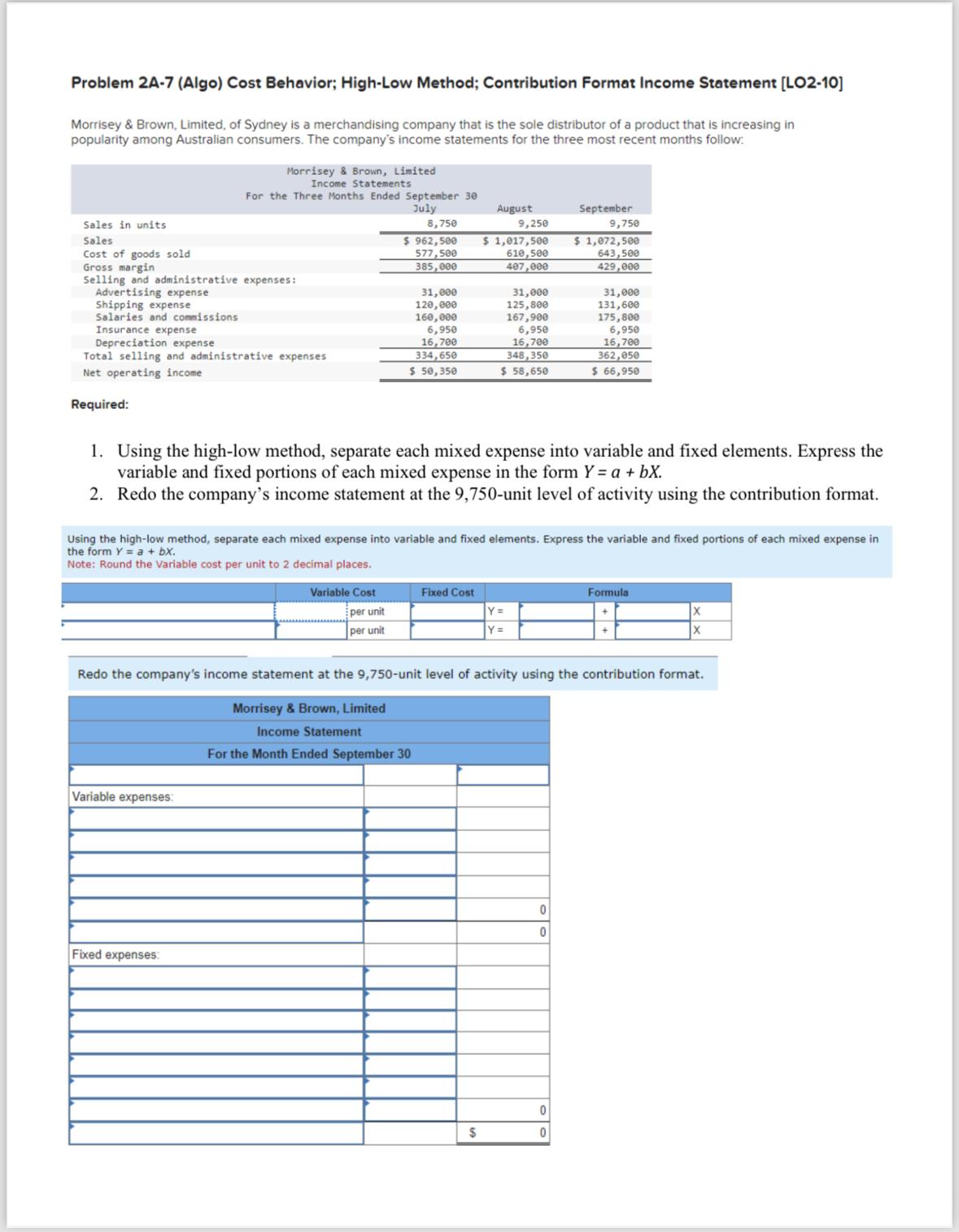 Problem 2A-7 (Algo) ﻿Cost Behavior; High-Low Method; | Chegg.com