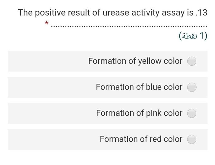 Solved The positive result of urease activity assay is .13 * | Chegg.com