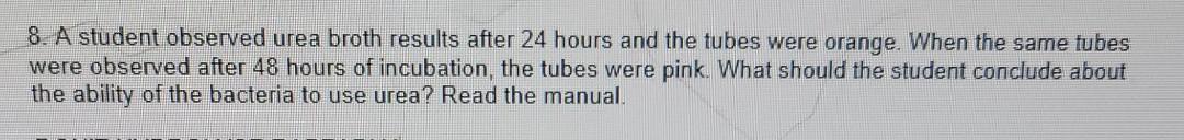 Solved 8. A student observed urea broth results after 24 | Chegg.com