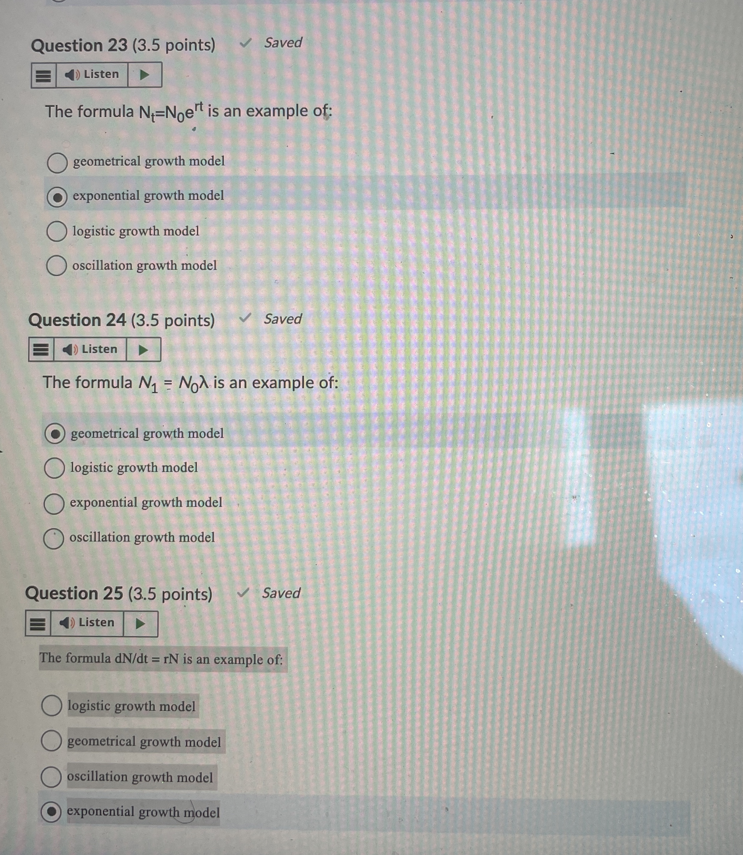 Solved Question 23 (3.5 ﻿points) ﻿SavedThe formula Nt=N0ert | Chegg.com
