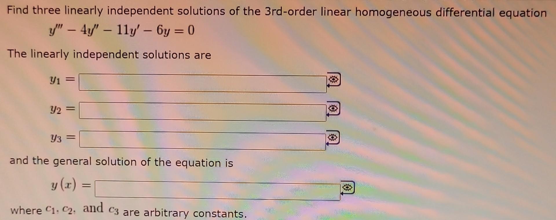 Solved Find three linearly independent solutions of the | Chegg.com
