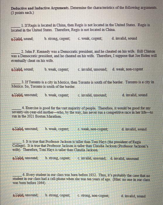 Deductive and Inductive Arguments. Determine the | Chegg.com