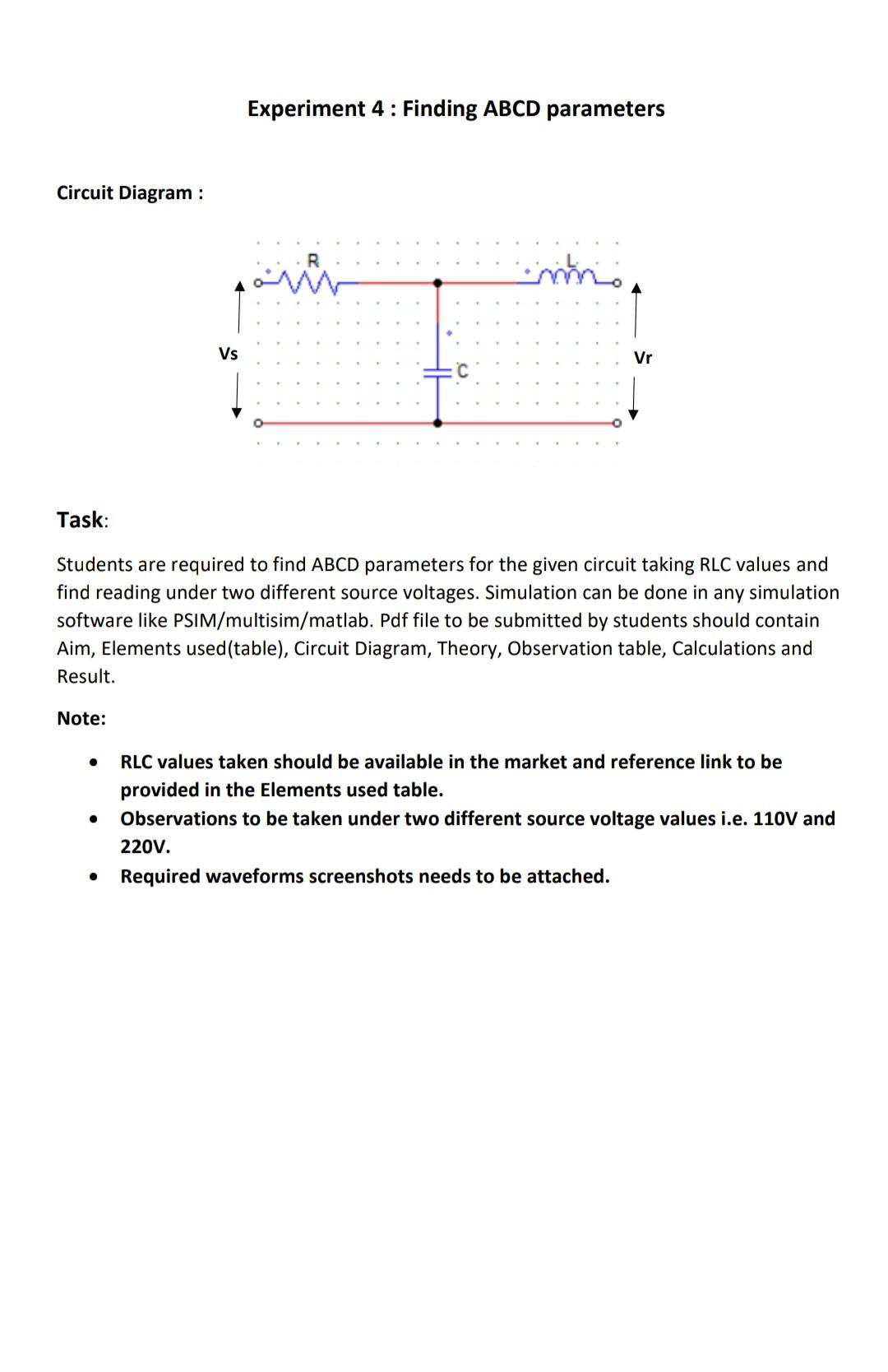 Solved Experiment 4 : Finding ABCD parameters Circuit | Chegg.com