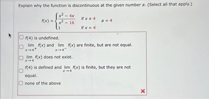 Solved Explain why the function is discontinuous at the | Chegg.com