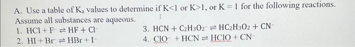 Solved A. Use a table of Ka values to determine if K