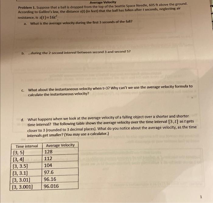 Solved Average Velocity Problem 1. Suppose that a ball is | Chegg.com