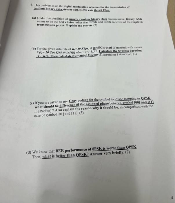 Solved 4. This problem is on the digital modulation schemes | Chegg.com