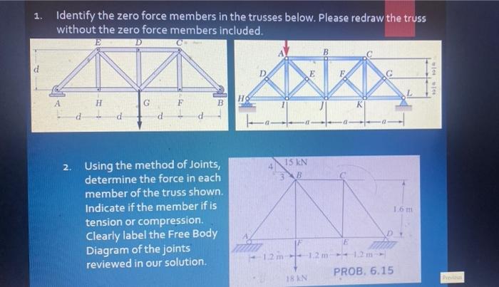 Solved 1. Identify the zero force members in the trusses | Chegg.com