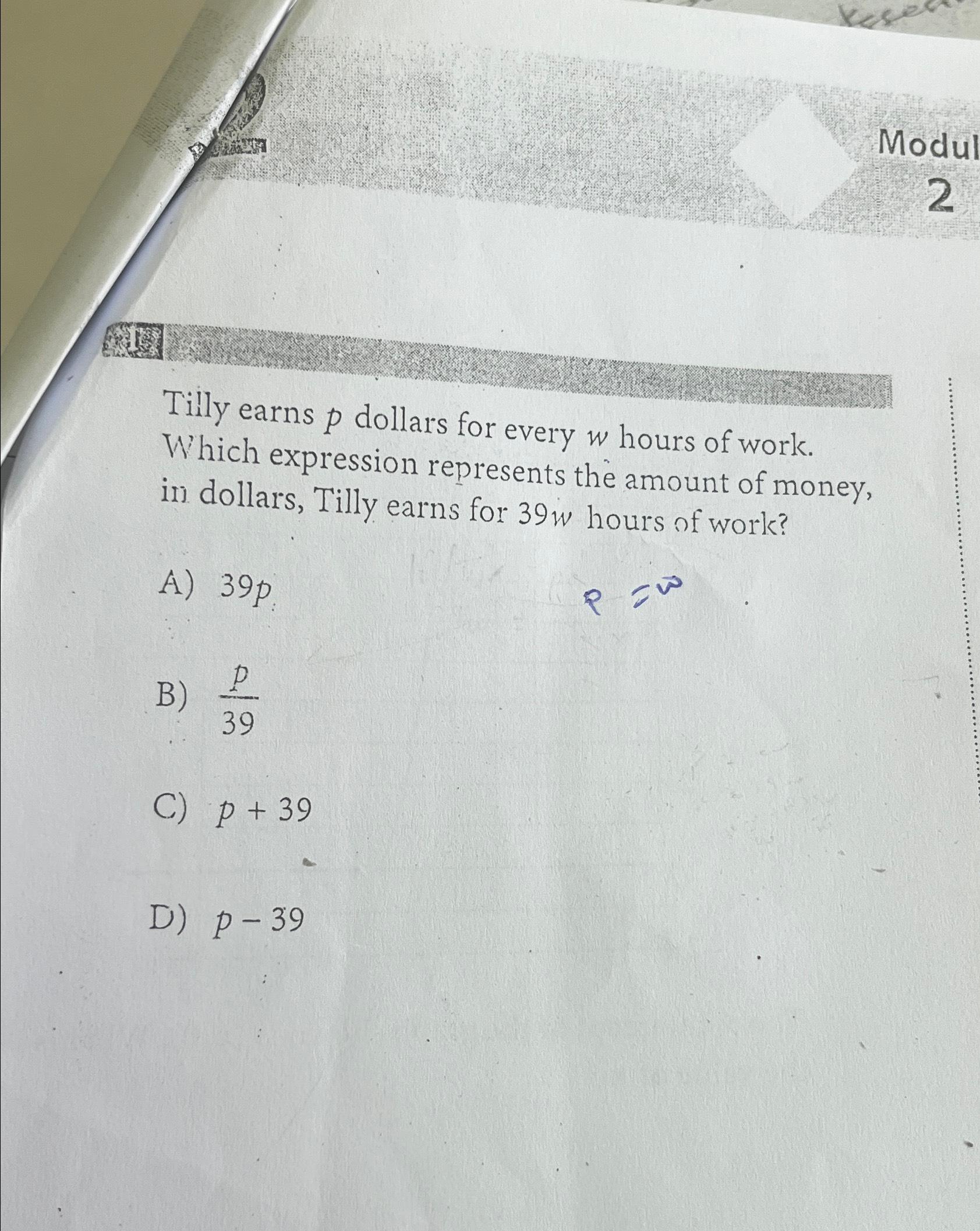 Solved Tilly earns p ﻿dollars for every w ﻿hours of work. | Chegg.com