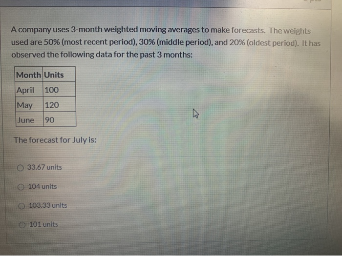 Solved A company uses 3-month weighted moving averages to | Chegg.com