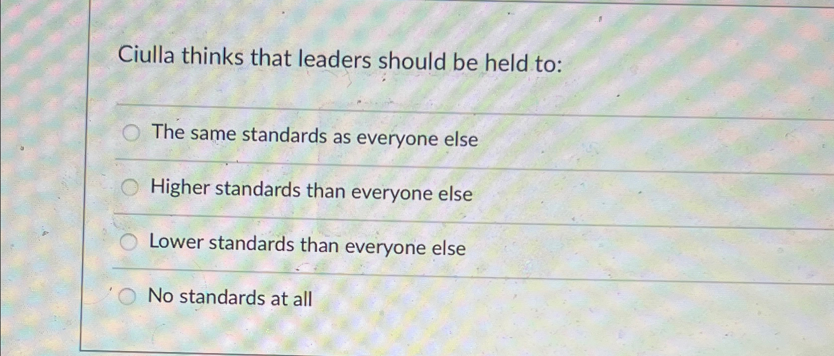 Solved Ciulla thinks that leaders should be held to:The same | Chegg.com