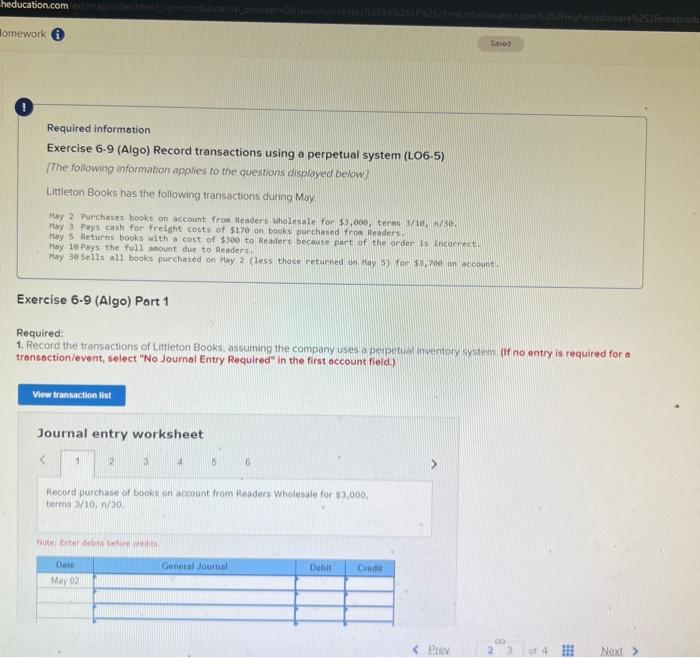 Solved Required information Exercise 6.9 (Algo) Record | Chegg.com