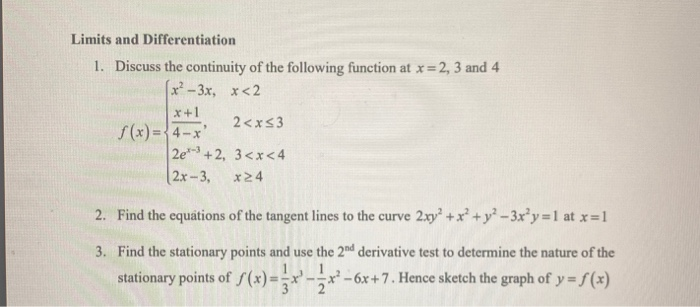 Solved Limits and Differentiation 1. Discuss the continuity | Chegg.com