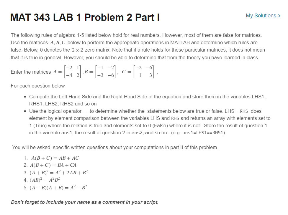 Solved MAT 343 ﻿LAB 1 ﻿Problem 2 ﻿Part IThe following rules | Chegg.com