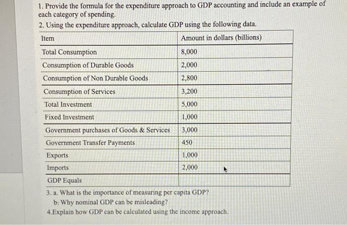 Solved 1. Provide the formula for the expenditure approach | Chegg.com