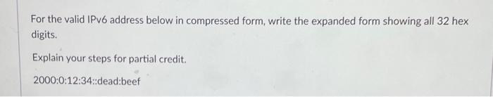 Solved For the valid IPv6 address below in compressed form, | Chegg.com