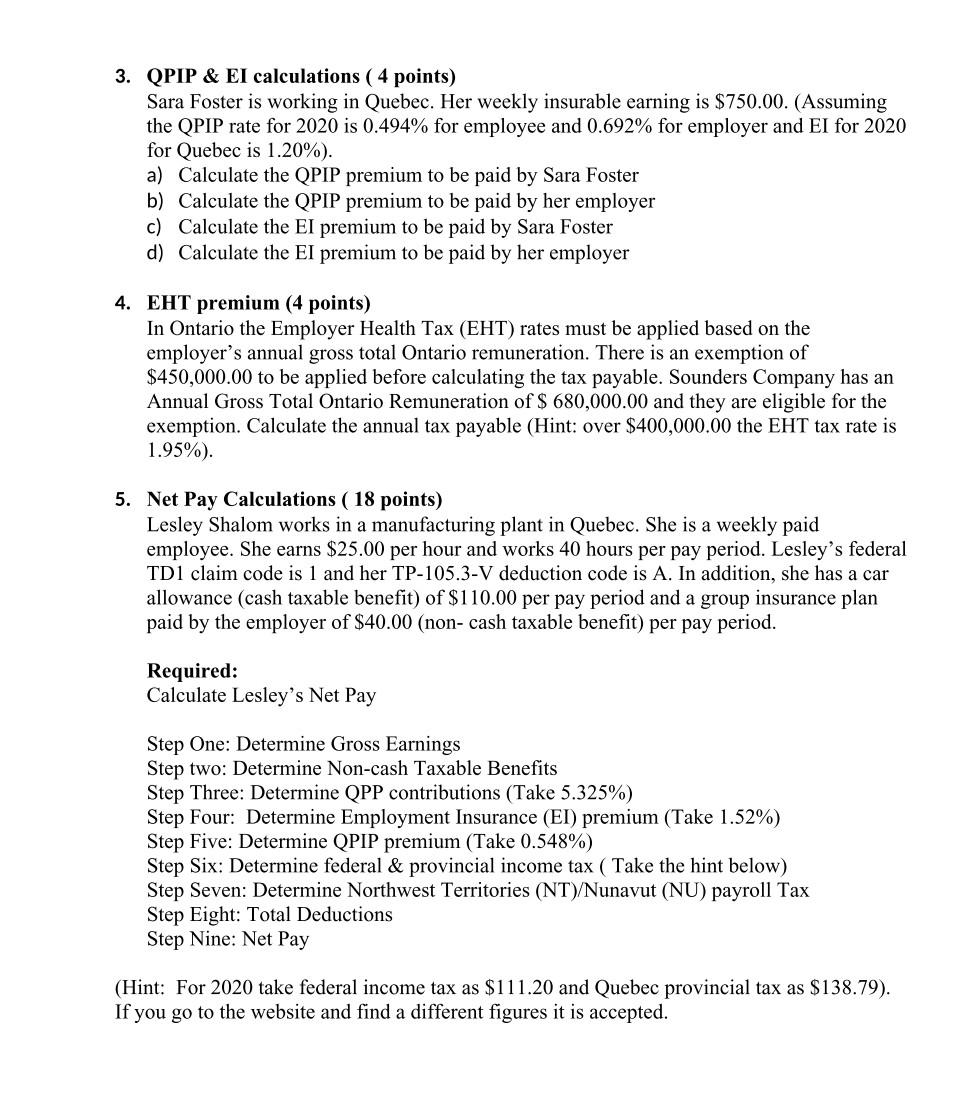 3. QPIP & El calculations (4 points) Sara Foster is | Chegg.com