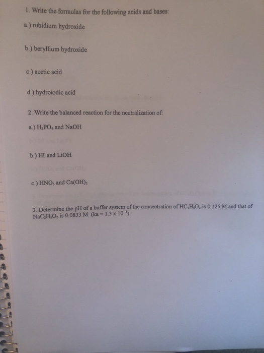 Solved 1. Write the formulas for the following acids and | Chegg.com