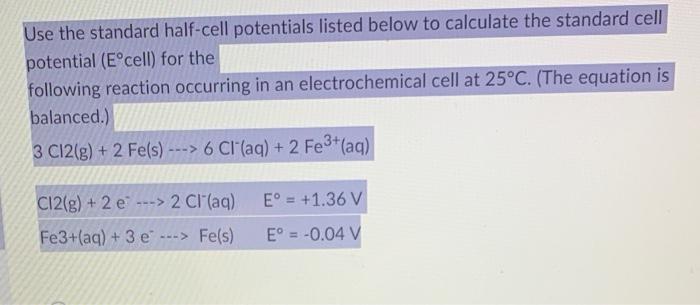 Solved Use the standard half-cell potentials listed below to | Chegg.com