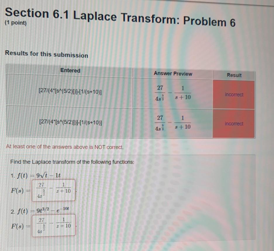 Solved Section 6.1 Laplace Transform: Problem 6 (1 point) | Chegg.com