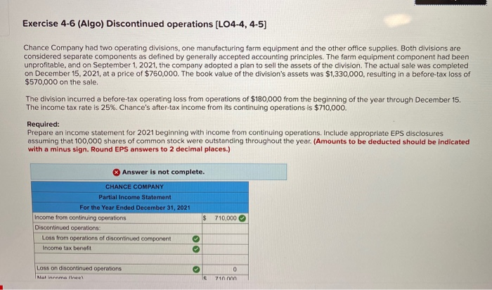 Solved Exercise 4-6 (Algo) Discontinued operations (L04-4, | Chegg.com