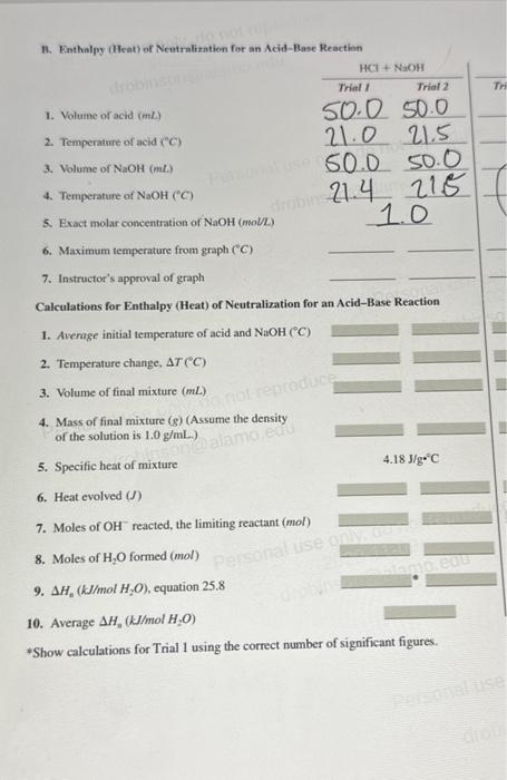 Solved 10. Finthalsy (Heat) of Neutralization for an | Chegg.com
