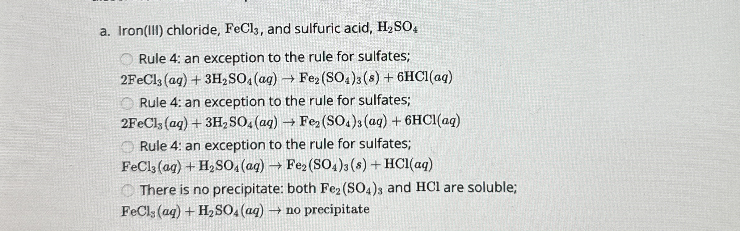 Solved a. ﻿Iron(III) ﻿chloride, FeCl3, ﻿and sulfuric acid, | Chegg.com