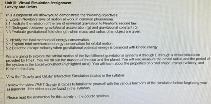 Solved Unit III: Virtual Simulation Assignment Gravity and | Chegg.com