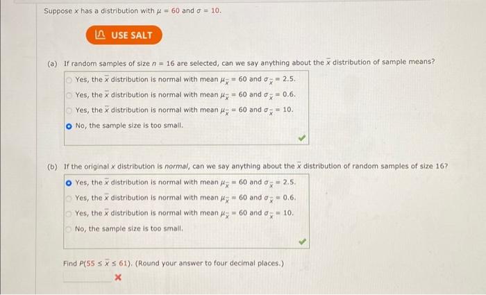 Solved Suppose x has a distribution with u = 60 and σ = 10. | Chegg.com