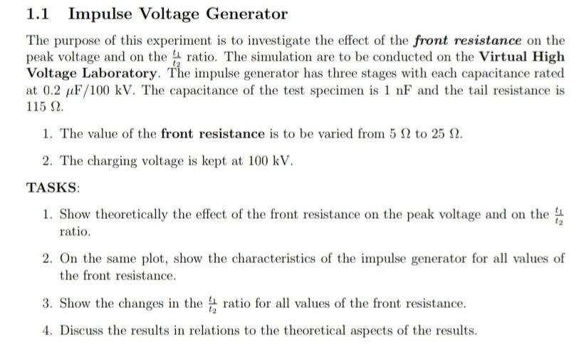 Solved 1.1 Impulse Voltage Generator The purpose of this | Chegg.com