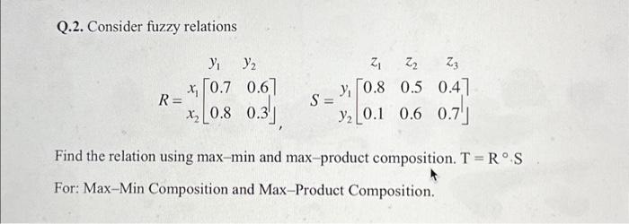 Solved Q.2. Consider fuzzy relations R= Y₁ Y₂ x₁0.7 0.6] x₂ | Chegg.com