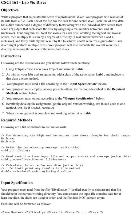 Solved CSCI 161 - Lab #6: Dives Objectives Write a program | Chegg.com