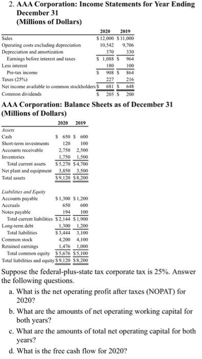 Solved 2. AAA Corporation: Income Statements for Year Ending | Chegg.com