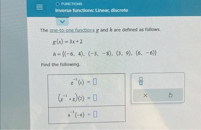 Solved ||| O FUNCTIONS Inverse functions: Linear, discrete | Chegg.com