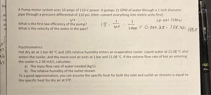 A Pump-motor system uses 10 amps of 110 -V power. It | Chegg.com