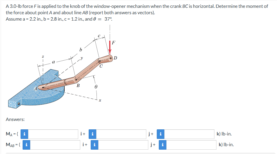 Solved A 3.0-lb ﻿force F is ﻿applied to ﻿the knob of ﻿the | Chegg.com