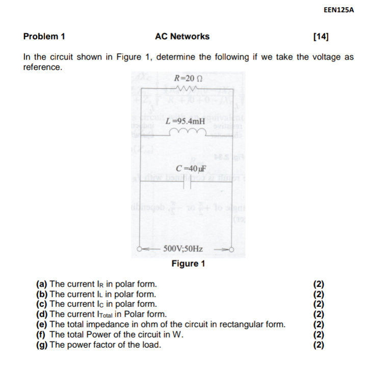 Solved EEN125A Problem 1 AC Networks [14] In the circuit | Chegg.com