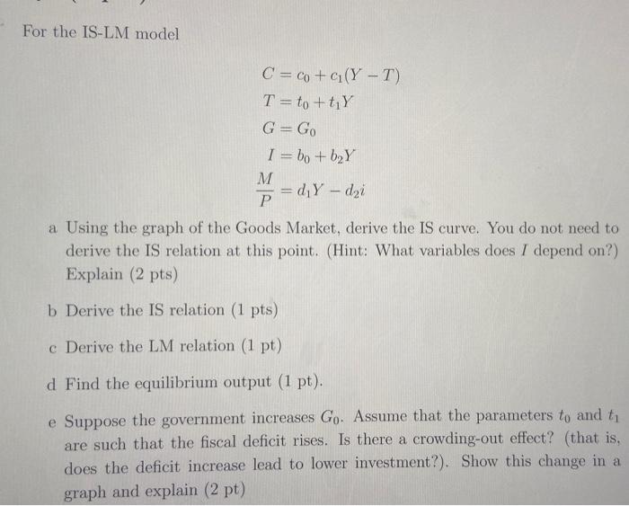 Solved For the IS-LM model | Chegg.com