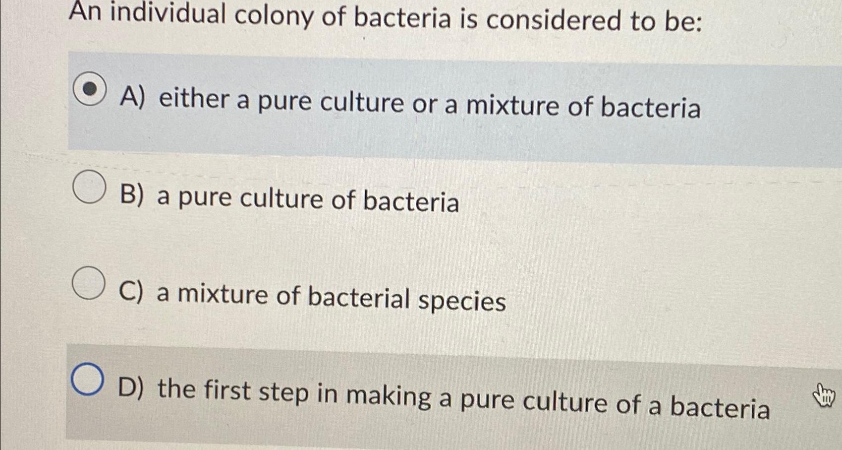 Solved An individual colony of bacteria is considered to | Chegg.com