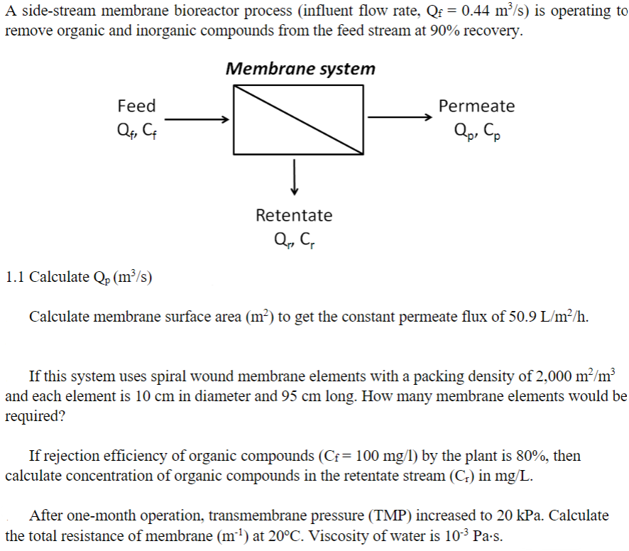 Solved A side-stream membrane bioreactor process (influent | Chegg.com
