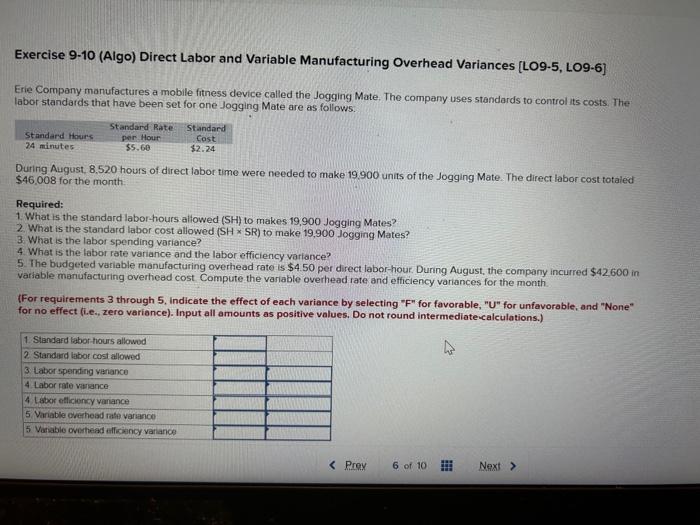 Solved Exercise 9-10 (Algo) Direct Labor and Variable | Chegg.com